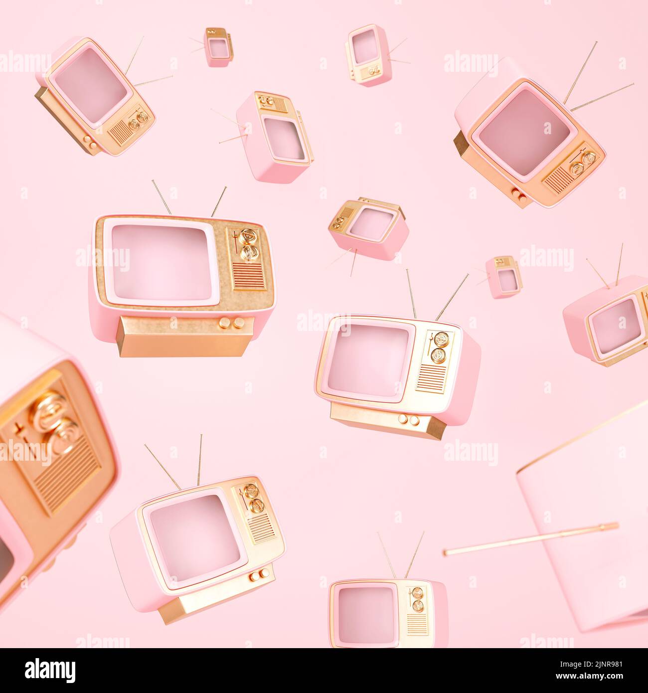 Creative 3D Illustration concept of pastel retro gold television on ...