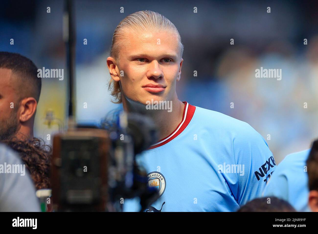Erling Haaland #9 of Manchester City takes his place in the line up at ...