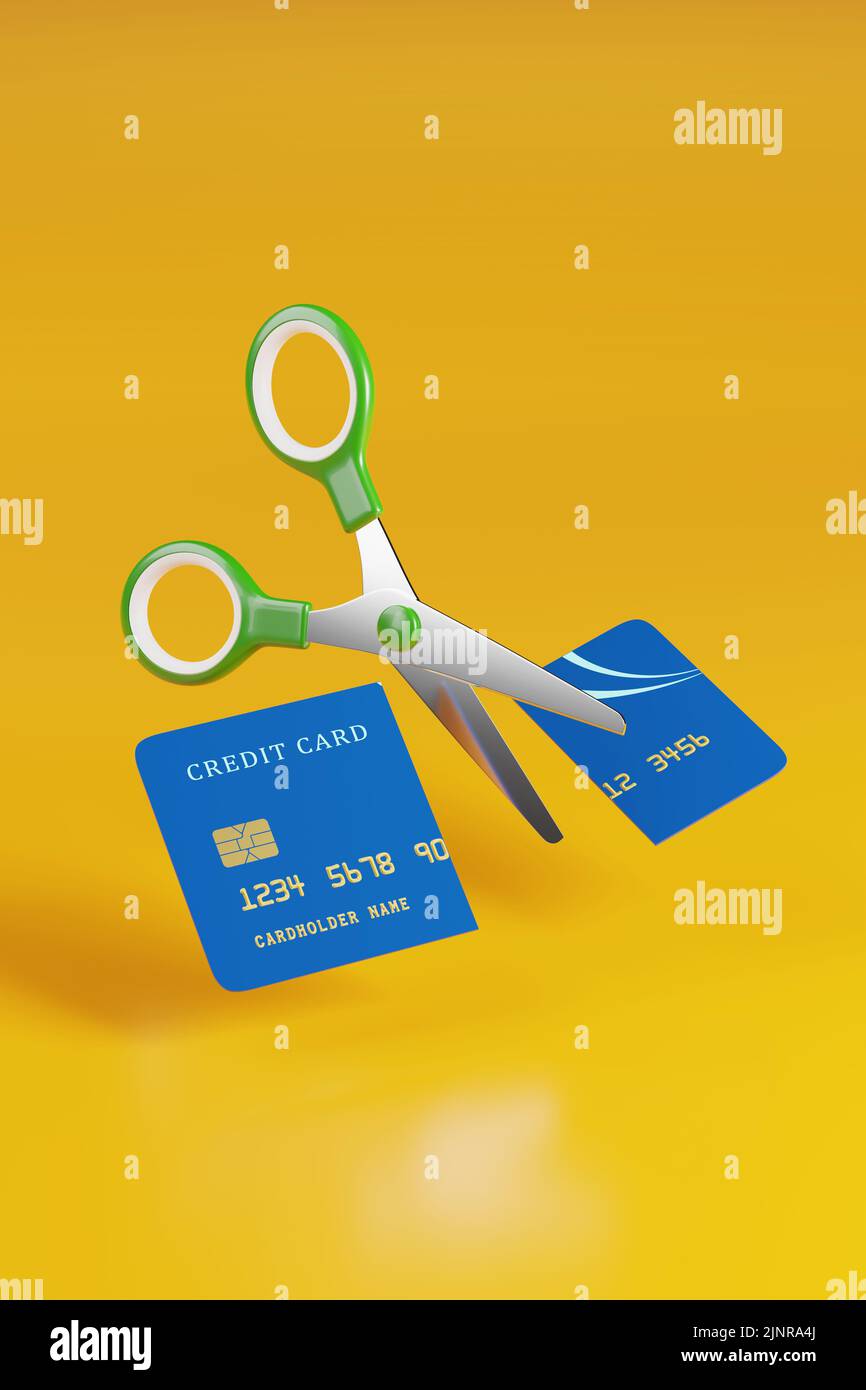 Scissors cutting a credit card on yellow background. 3d illustration ...
