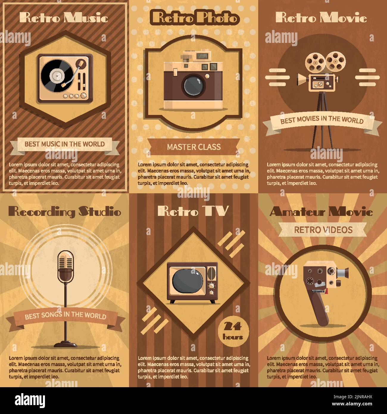Retro poster set with vintage music radio and tv devices in brown tones ...