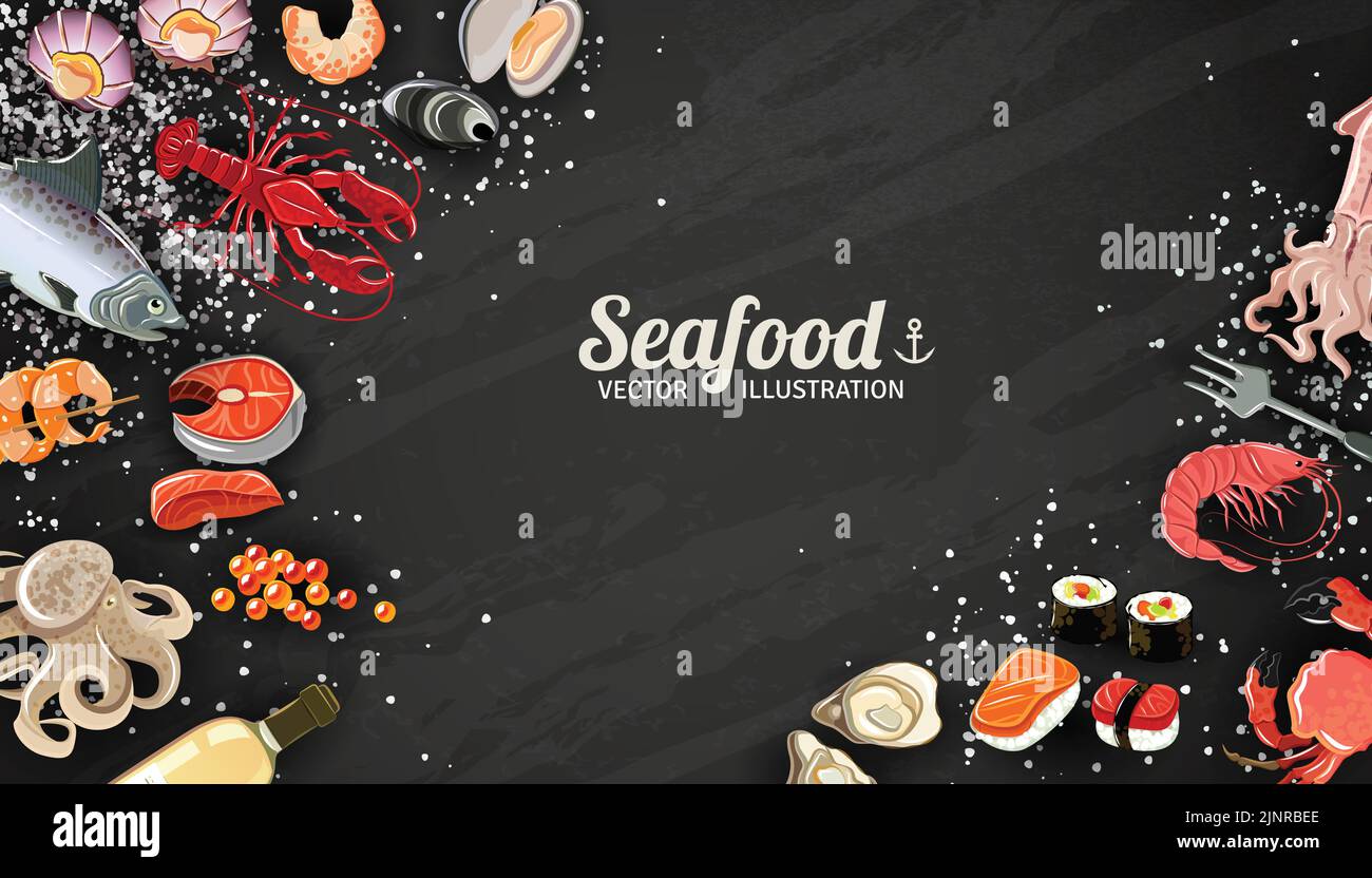 Seafood background with fish prawns and sushi delicacy vector ...