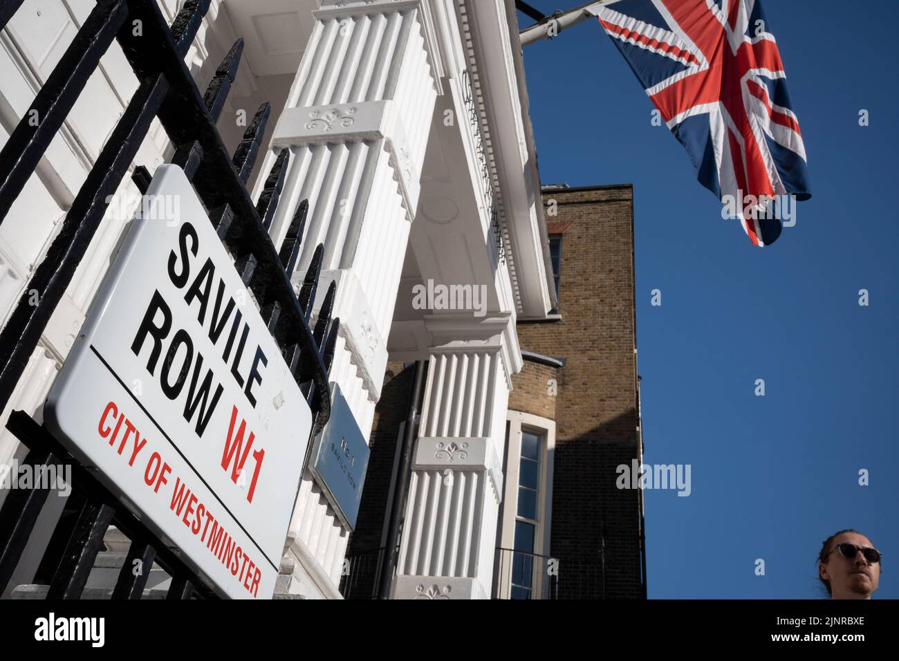 Union jack flag and savile row sign hi-res stock photography and images ...