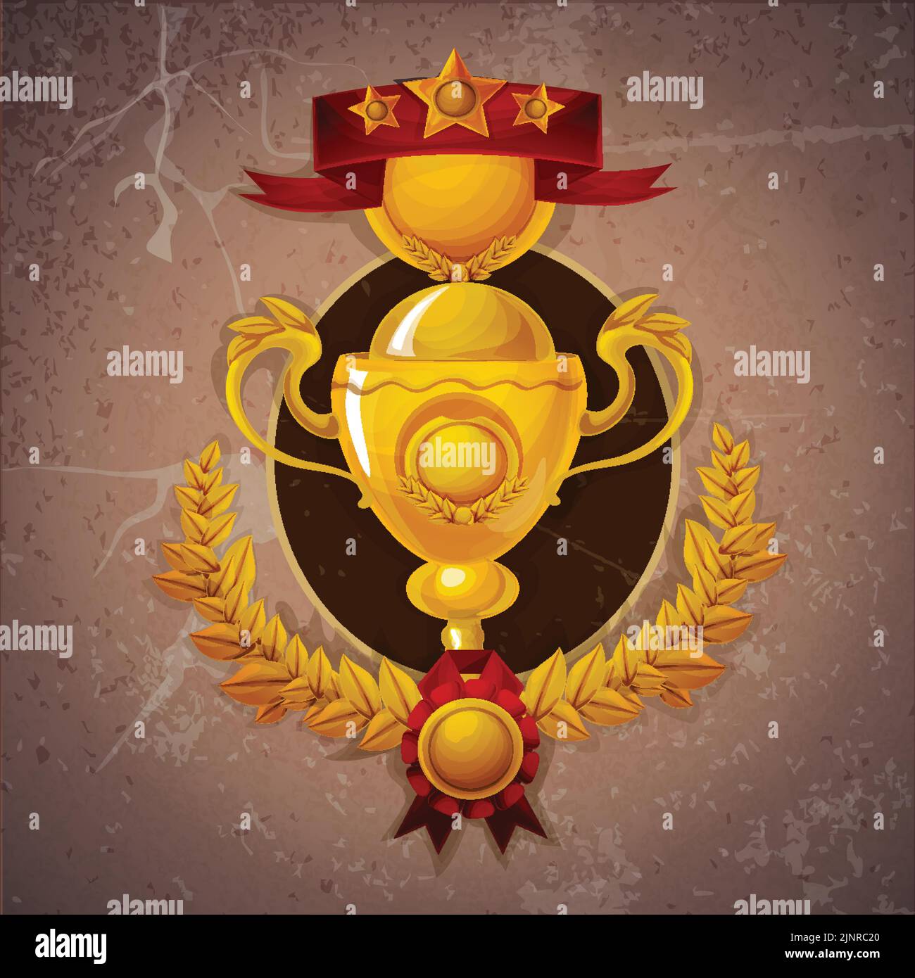 Golden trophy cup with winner ribbon and laurel wreath on marble ...