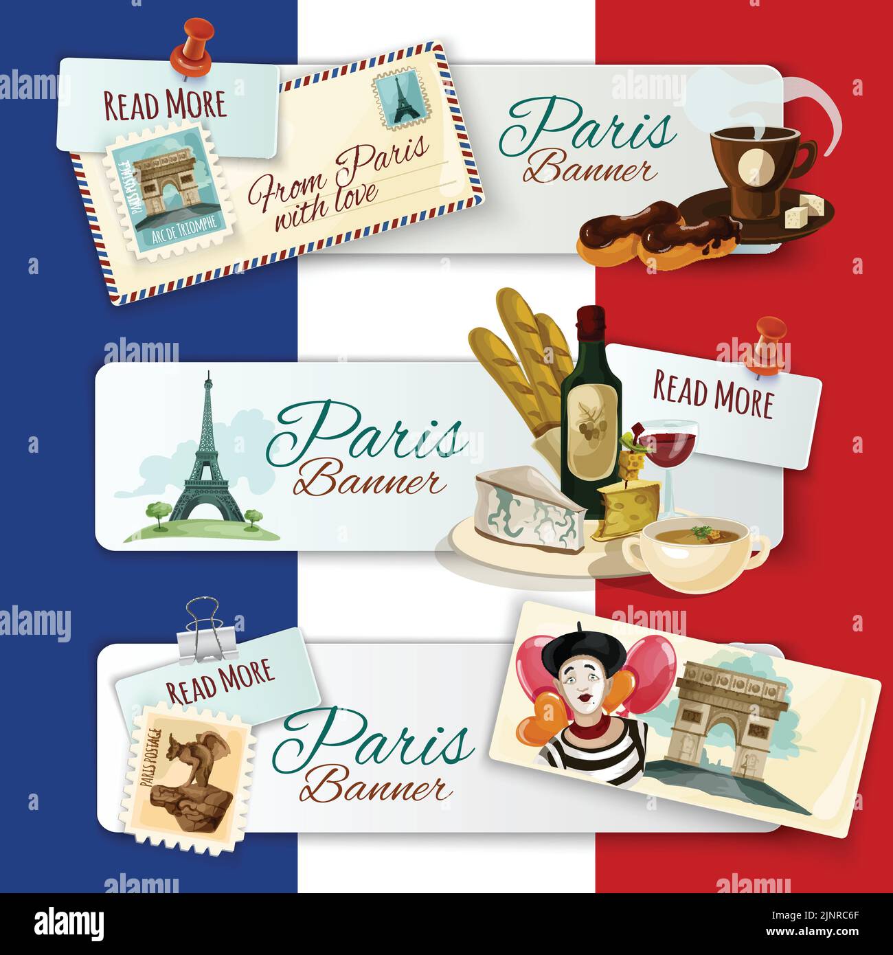 Paris horizontal banners set with touristic elements and postcards on ...