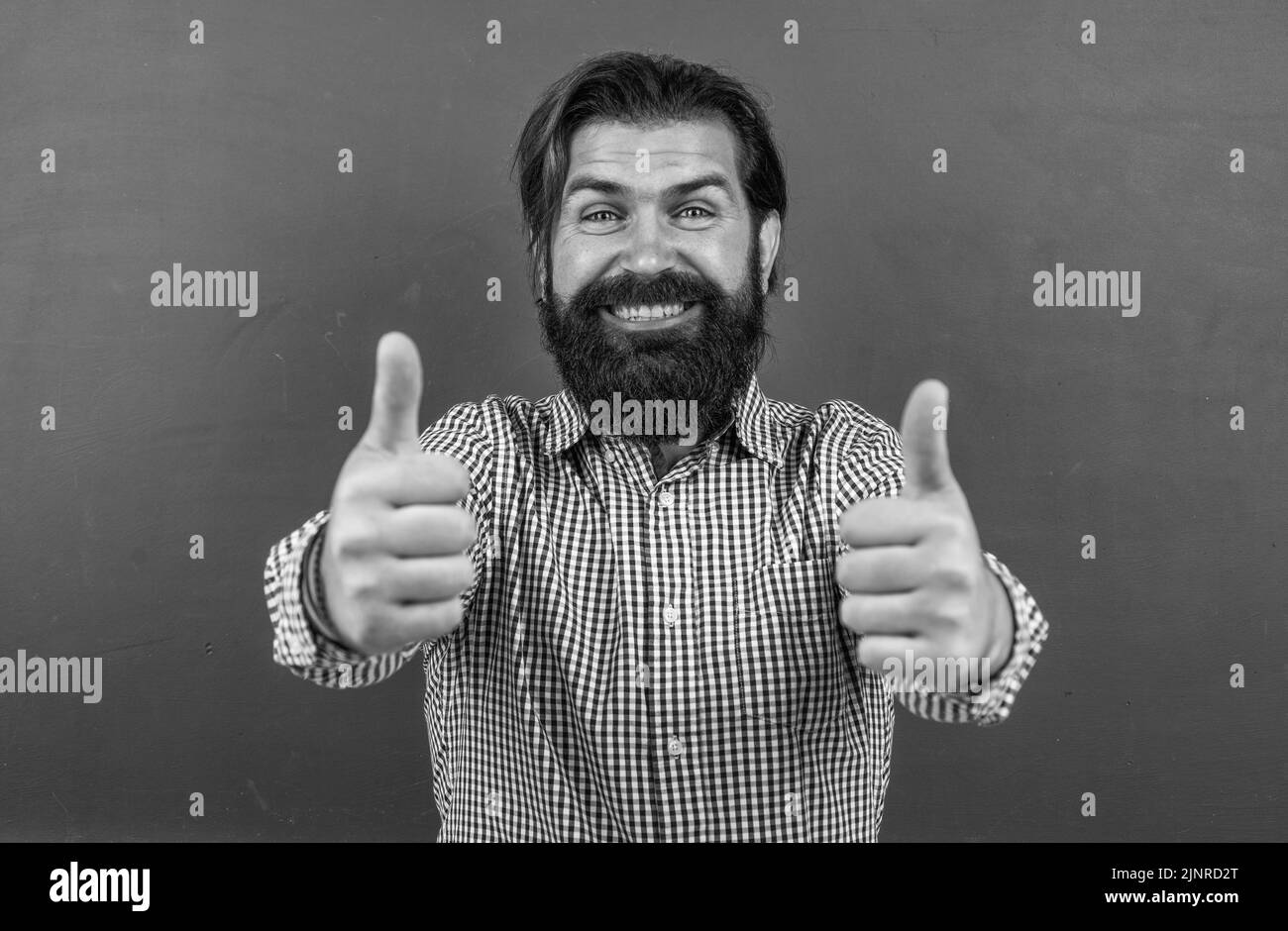 happy teachers day. thumb up for success. brutal man with beard wear ...