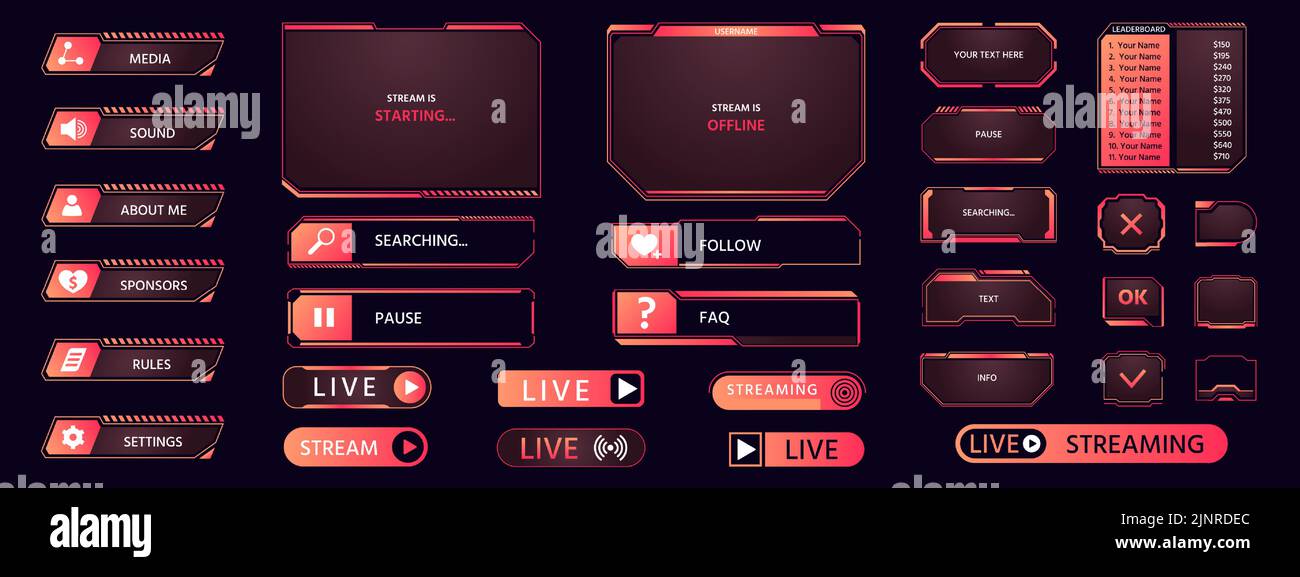 Game frame. Streaming interface elements, button icon frame futuristic layout asset, HUD live ...