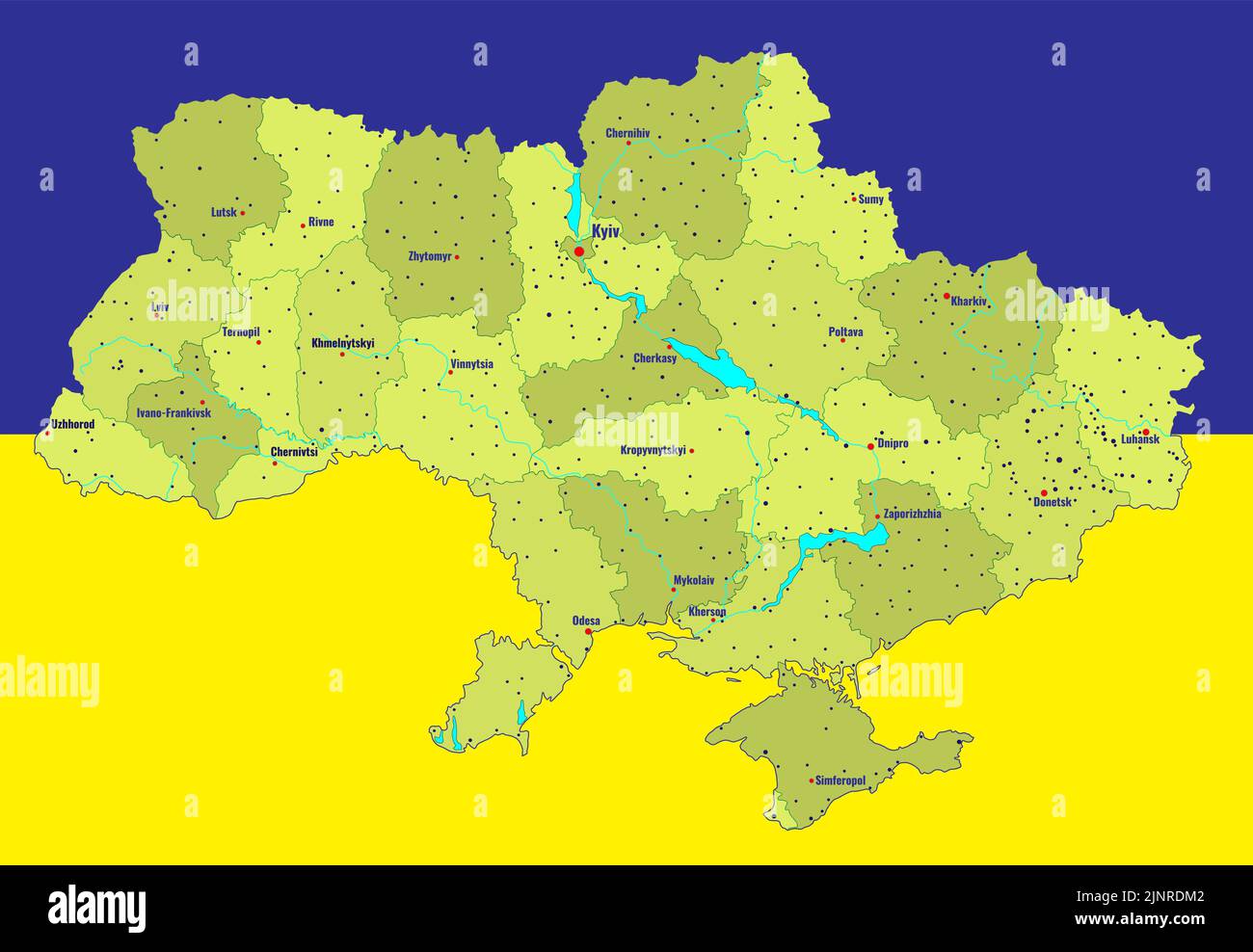 Detailed map of Ukraine with cities, rivers, regions. Illustration ...