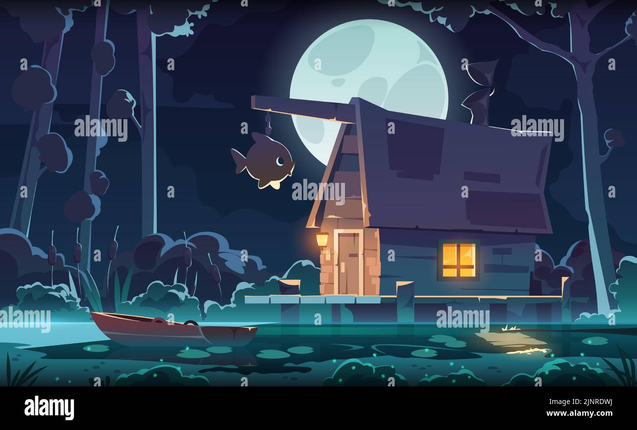 Night swamp fantasy background. Cartoon forest with wooden cabin ...