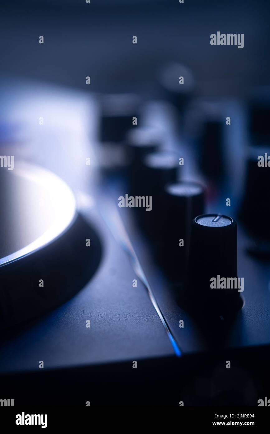 Dj turntables in nightclub electronic music house disco party lights ...