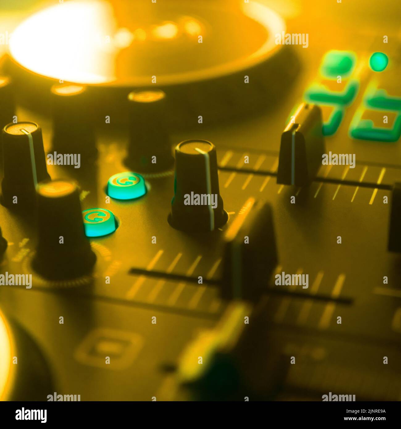 Deejay mixing desk turntables party nightclub disco lights square album ...