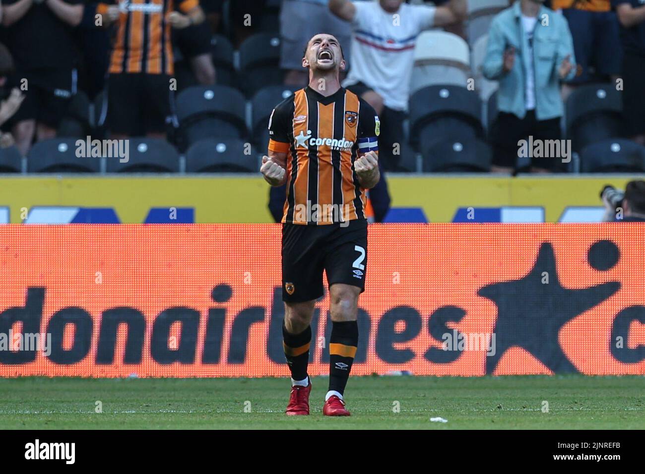 Lewie Coyle #2 of Hull City shows his happiness at the final whistle ... Lewie Coyle #2 of Hull City shows his happiness at the final whistle ...