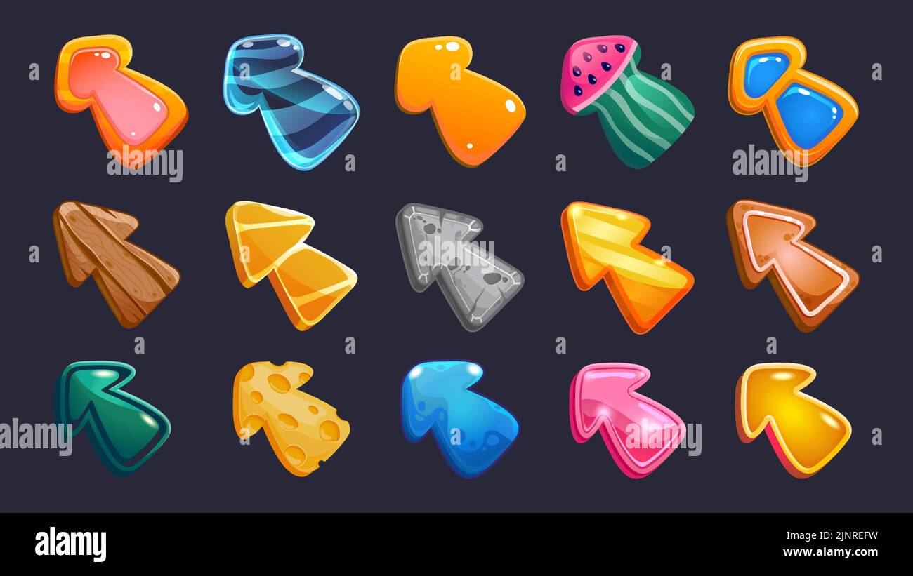 Cartoon game cursors. Click arrows and pointer interface icons of ...