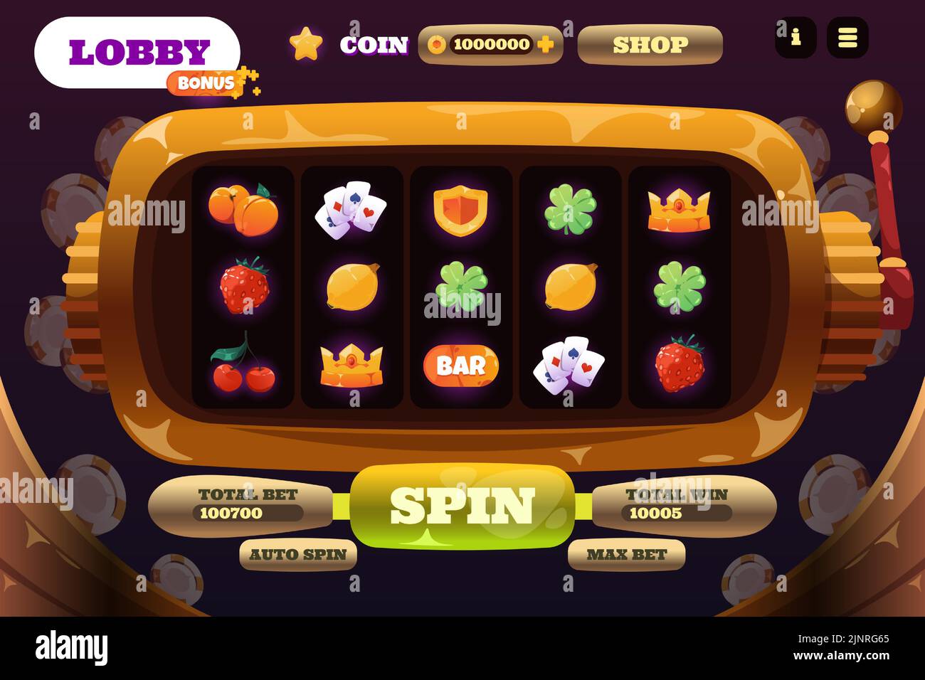 Slot machine game. Cartoon online casino web app UI, gamble game screen ...