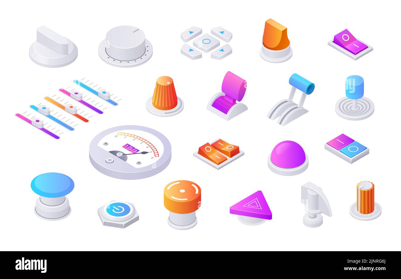 Isometric toggles. 3D switches, knobs, volume levels, sliders and switches for analog adjustment ...