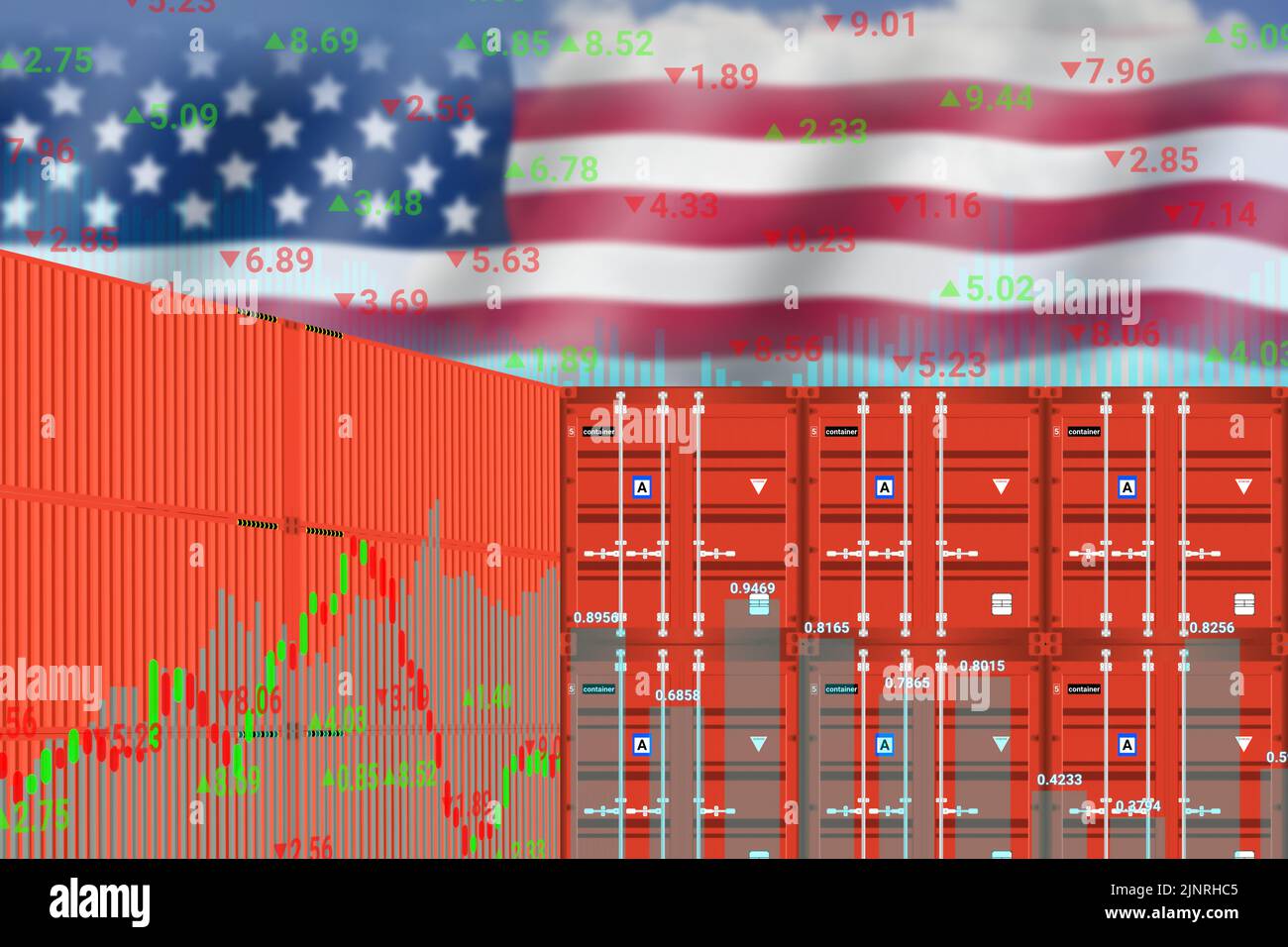 transparent America flag on up down graphs and Cargo ship container ... transparent America flag on up down graphs and Cargo ship container ...