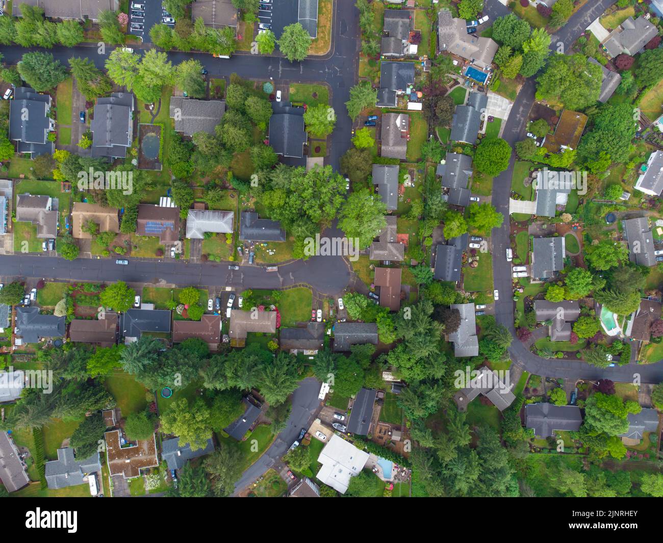Top view of a small green town. Roofs of one-story buildings, paved ...