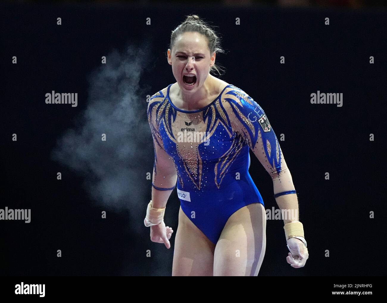 German gymnast Sarah Voss cheers after her vault during day three of ...