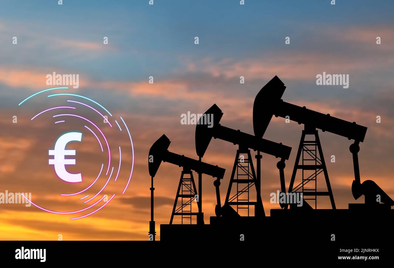 crued oil in euro background with blur sunset and pumping oli machine ...