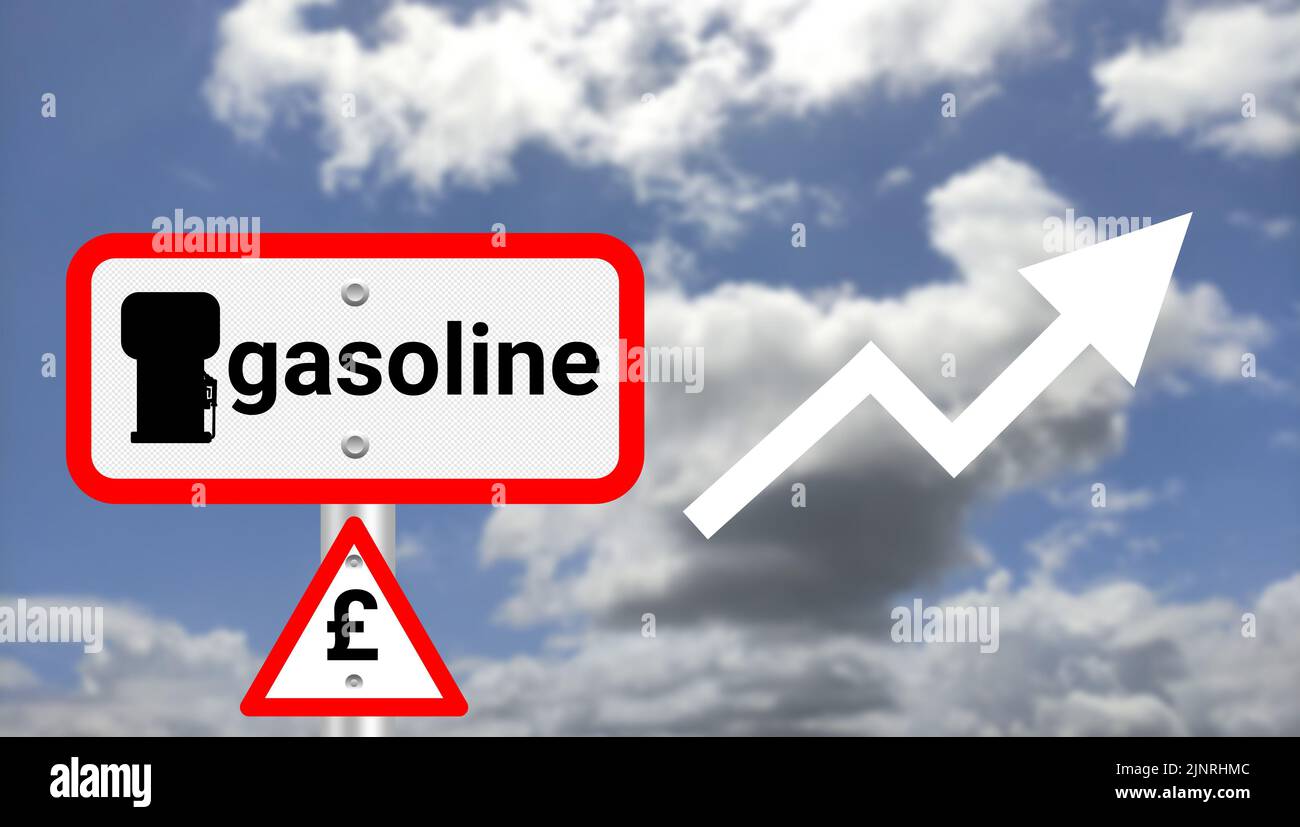 gasoline price hike background with pound symbol and sign board on blue ...