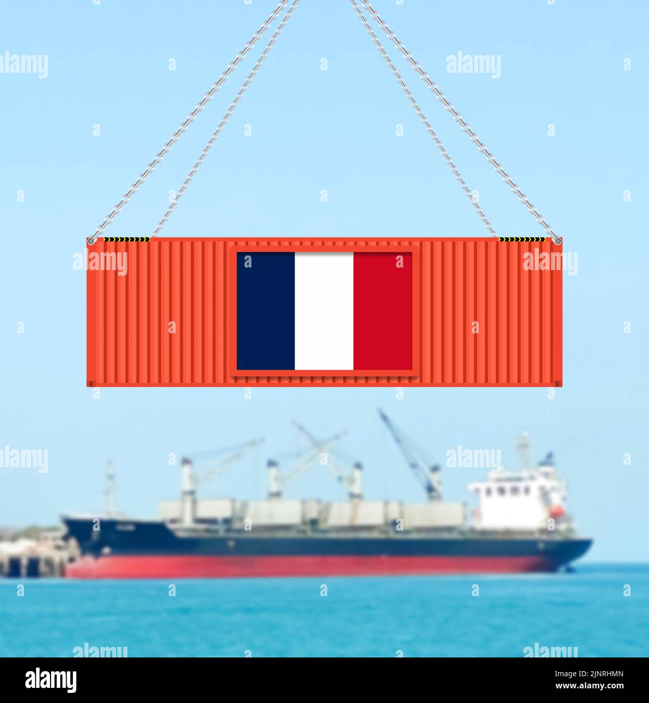 hanging France flag container on blur loading ship background. France ...