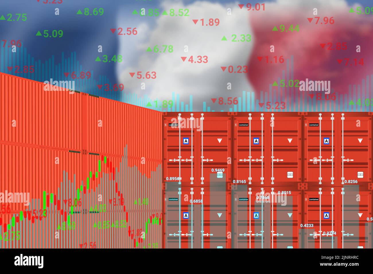 transparent France flag on up down graphs and Cargo ship container ... transparent France flag on up down graphs and Cargo ship container ...