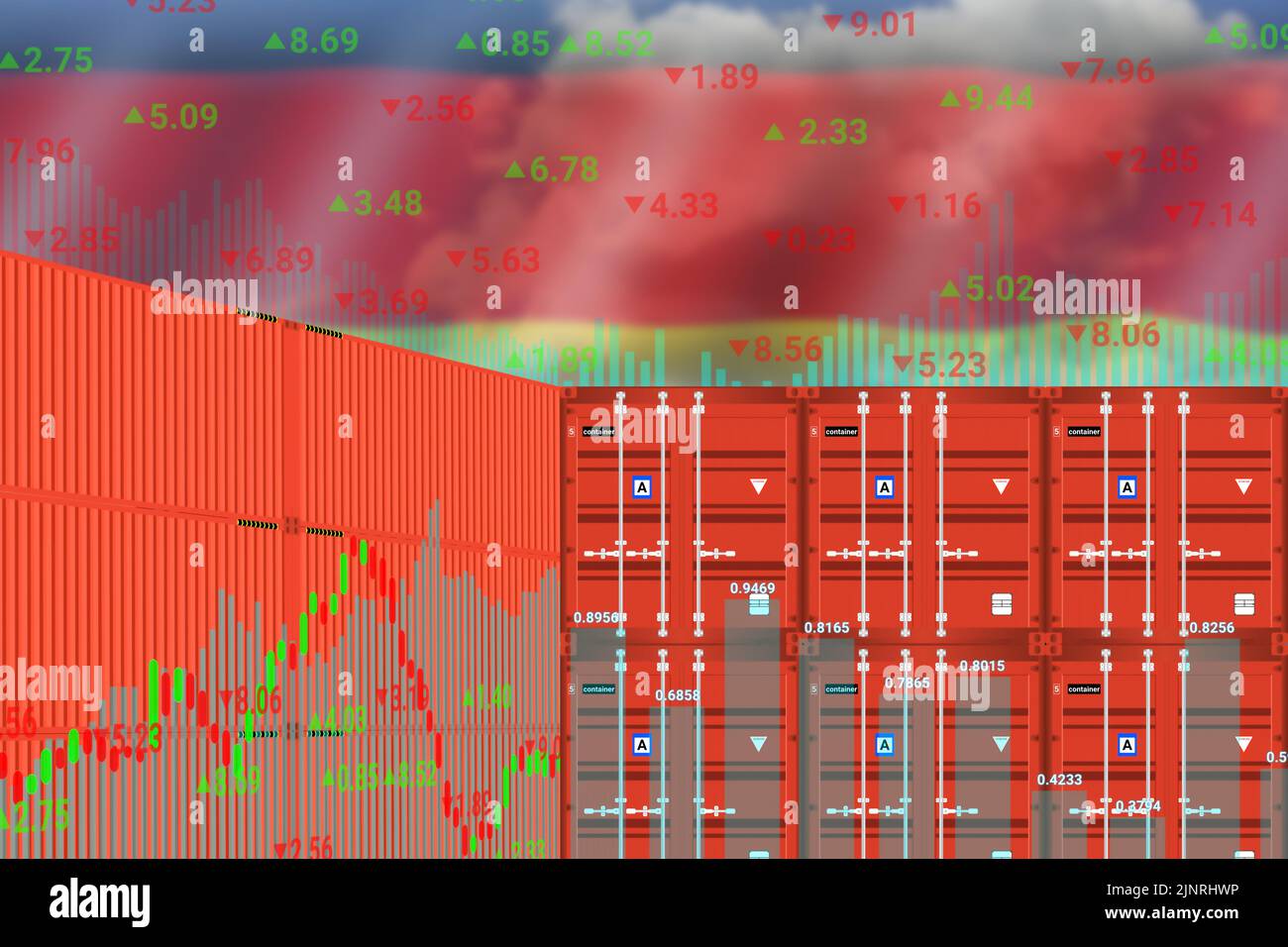 transparent Germany flag on up down graphs and Cargo ship container ...