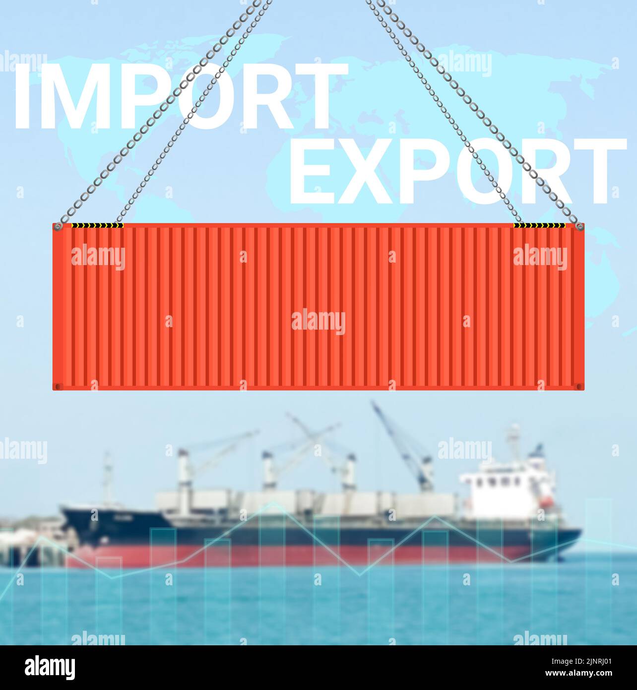 import export word with world map and hanging cargo container on blur ...