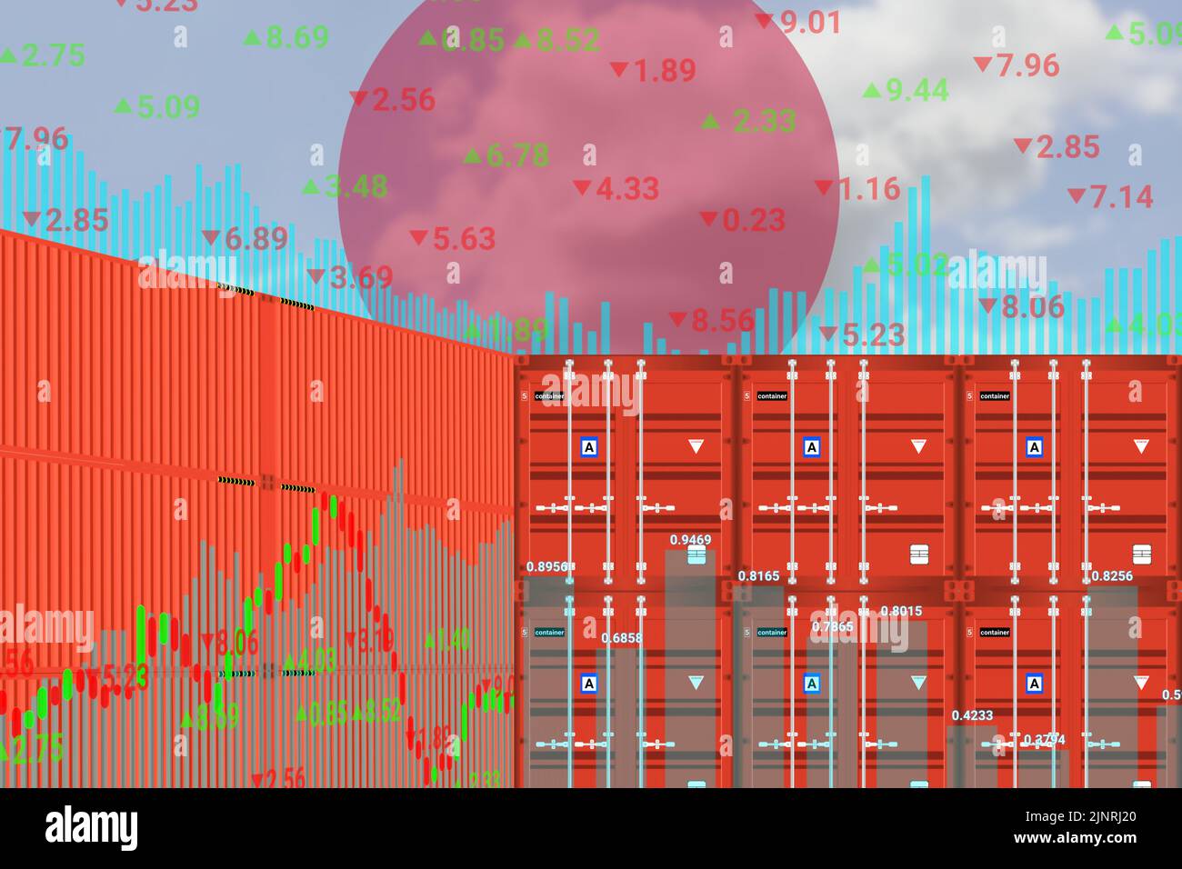 transparent Japan flag on up down graphs and Cargo ship container ...
