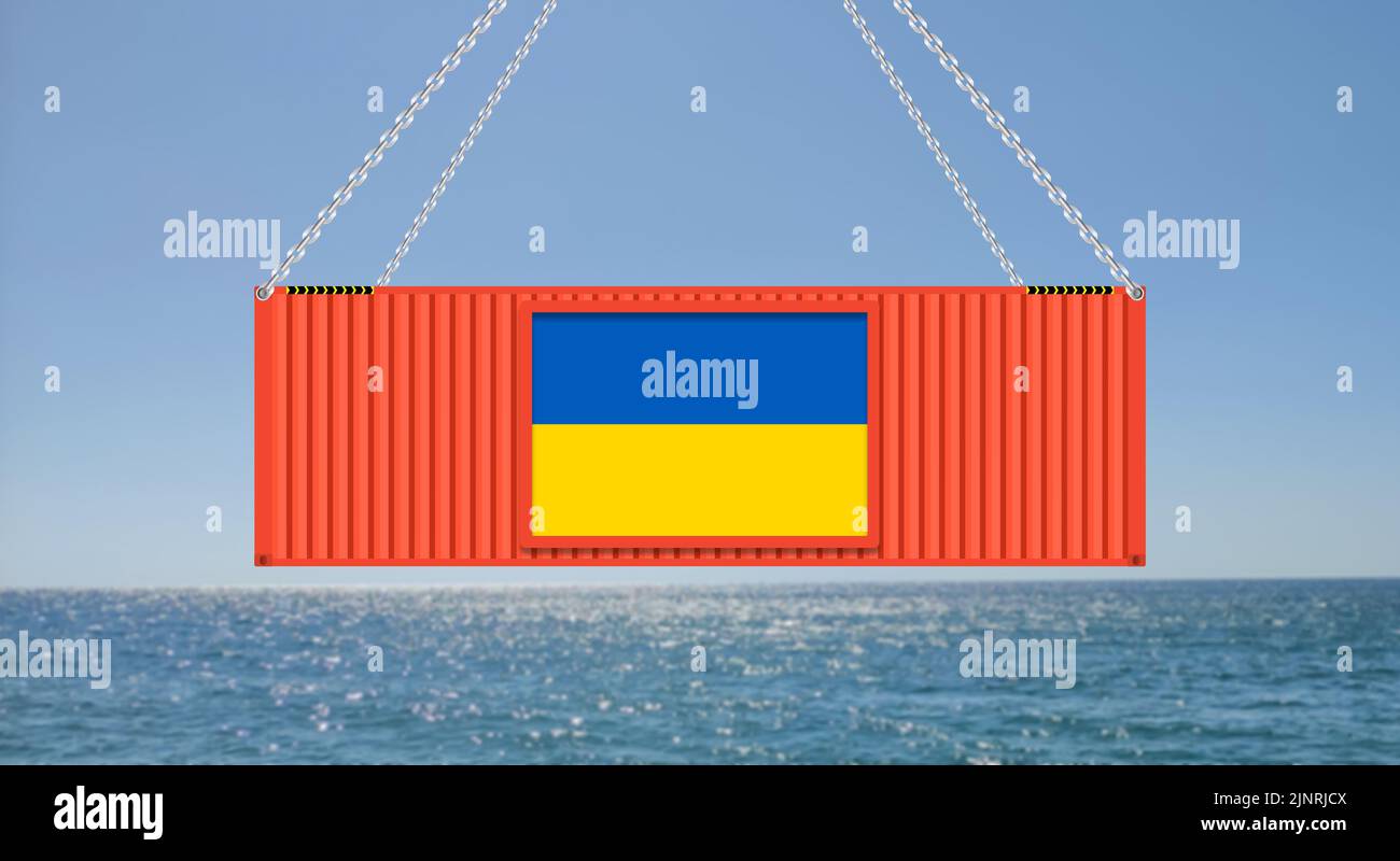 import export in Ukraine with hanging cargo container on blur sea ...