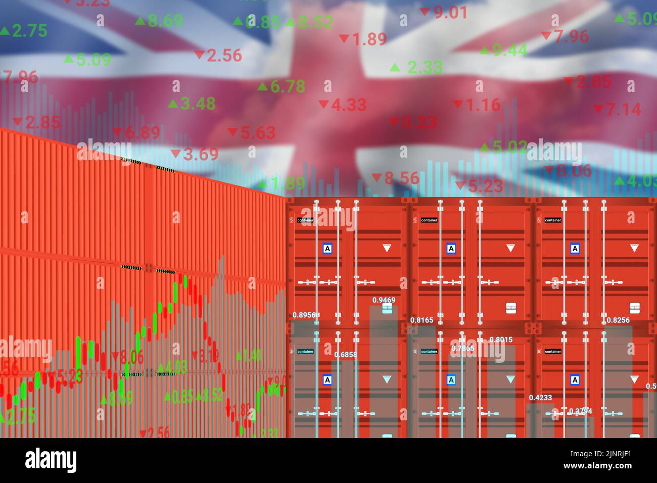 transparent United Kingdom flag on up down graphs and Cargo ship ...
