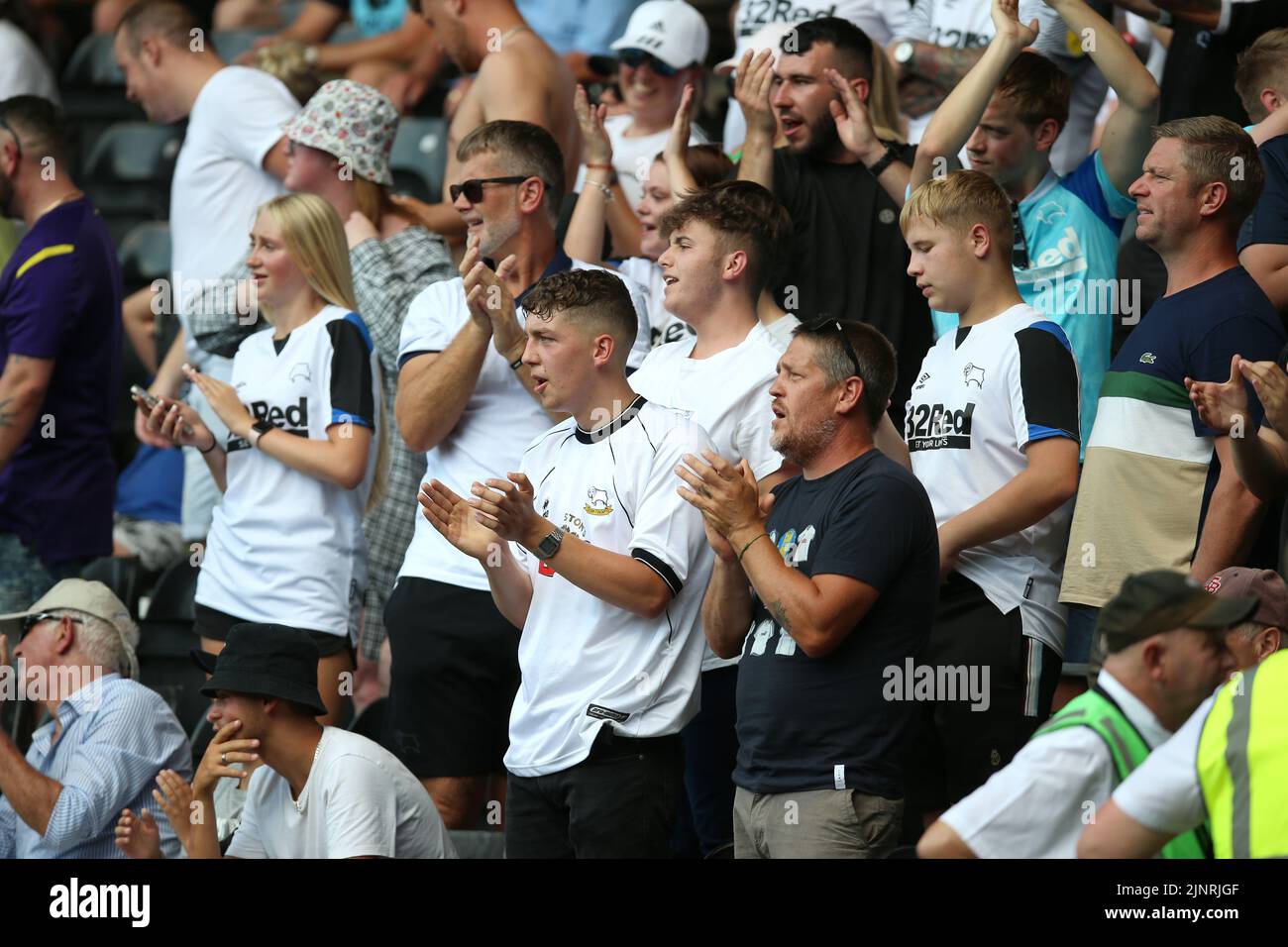 Derby County fan is the the stand show their support during the Sky Bet ...