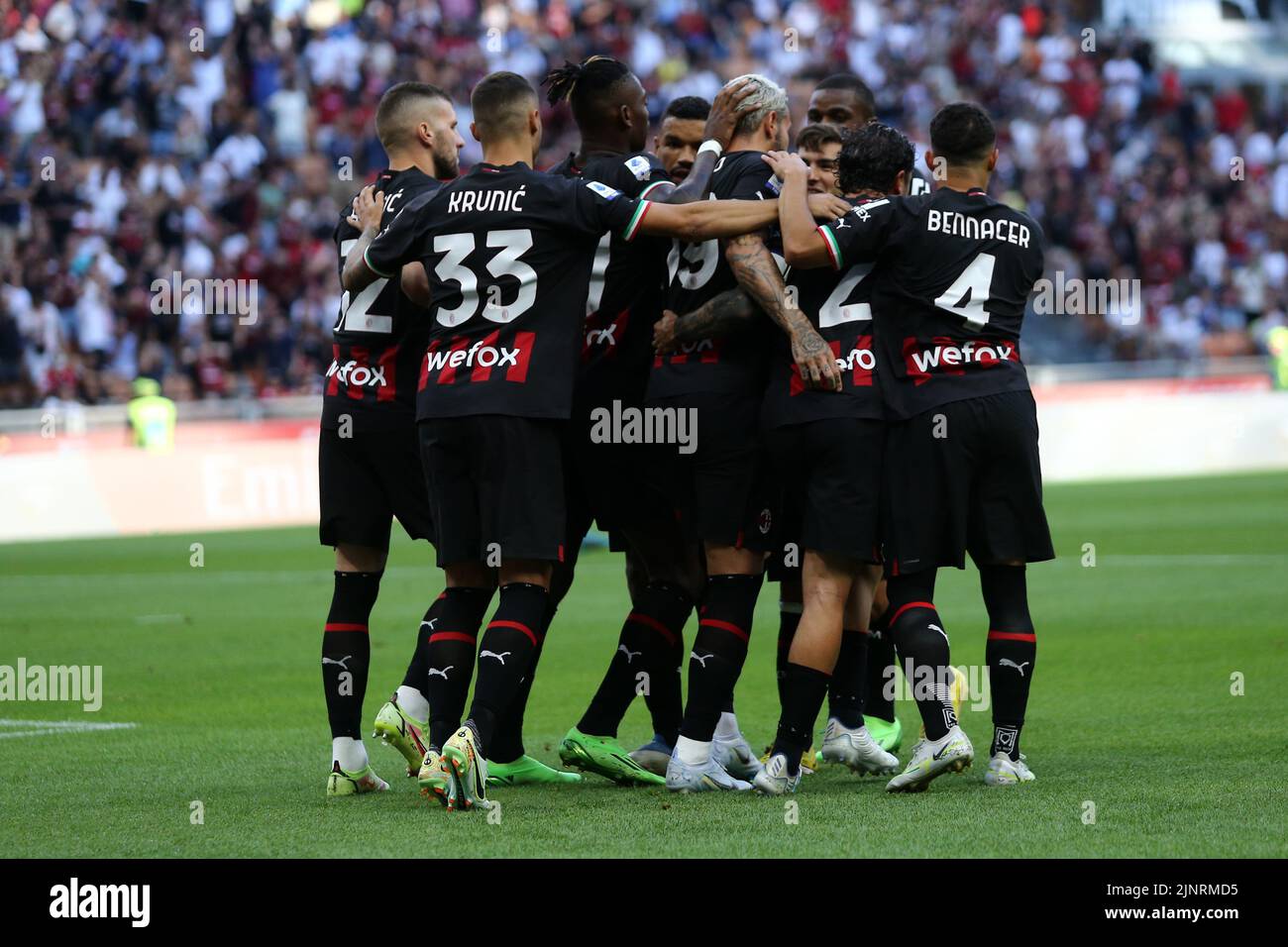 Milano, Italy. 13th Aug, 2022. Theo Hernandez of Ac Milan celebrates ...