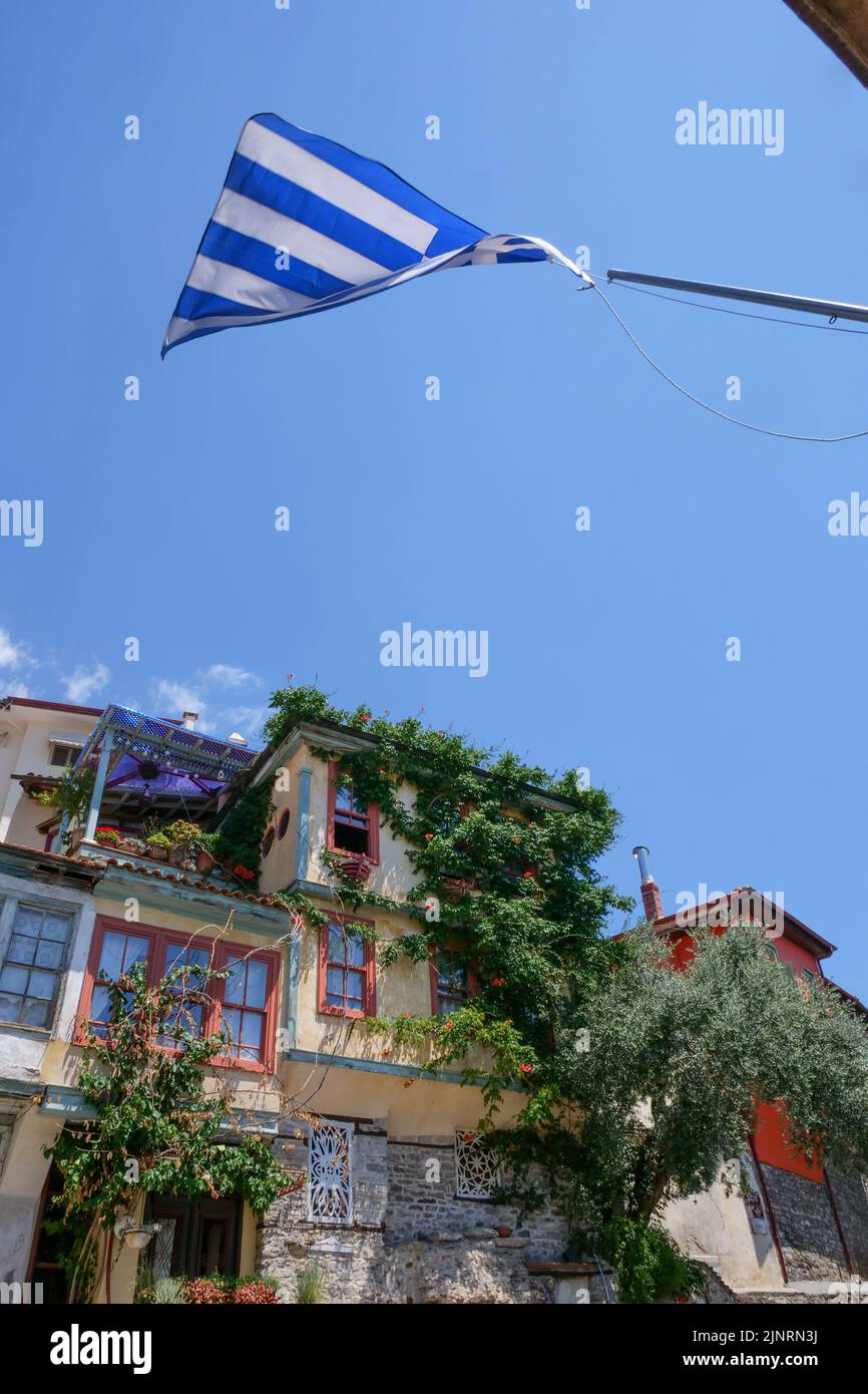 Greek flag waving in the wind, Kavala, Macedonia, North-Eastern Greece ...