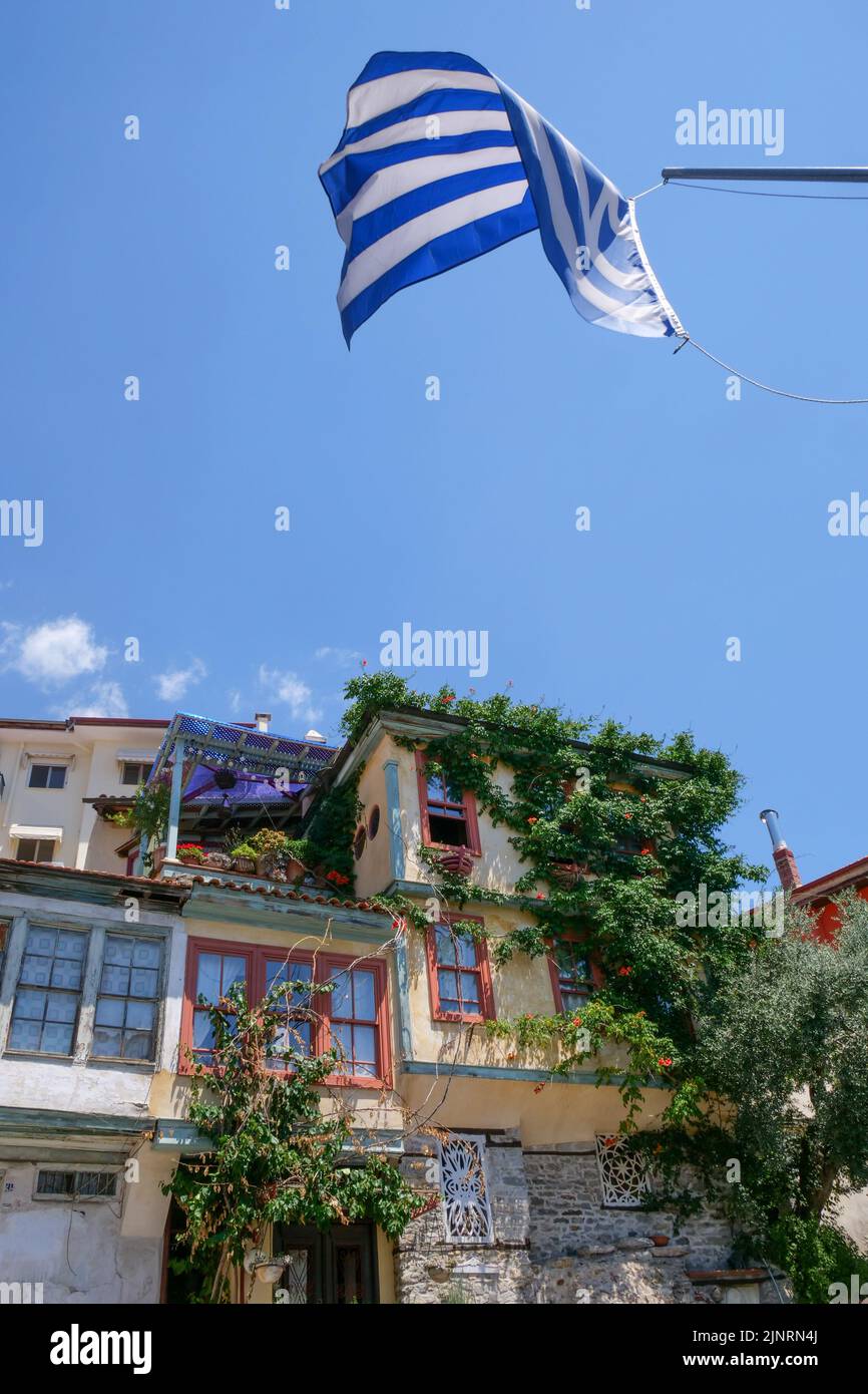 Greek flag waving in the wind, Kavala, Macedonia, North-Eastern Greece ...