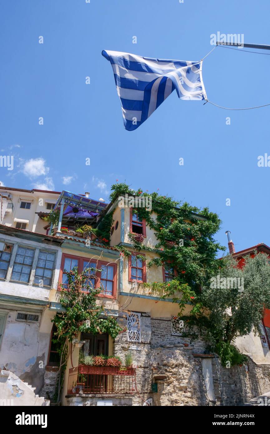 Greek flag waving in the wind, Kavala, Macedonia, North-Eastern Greece ...