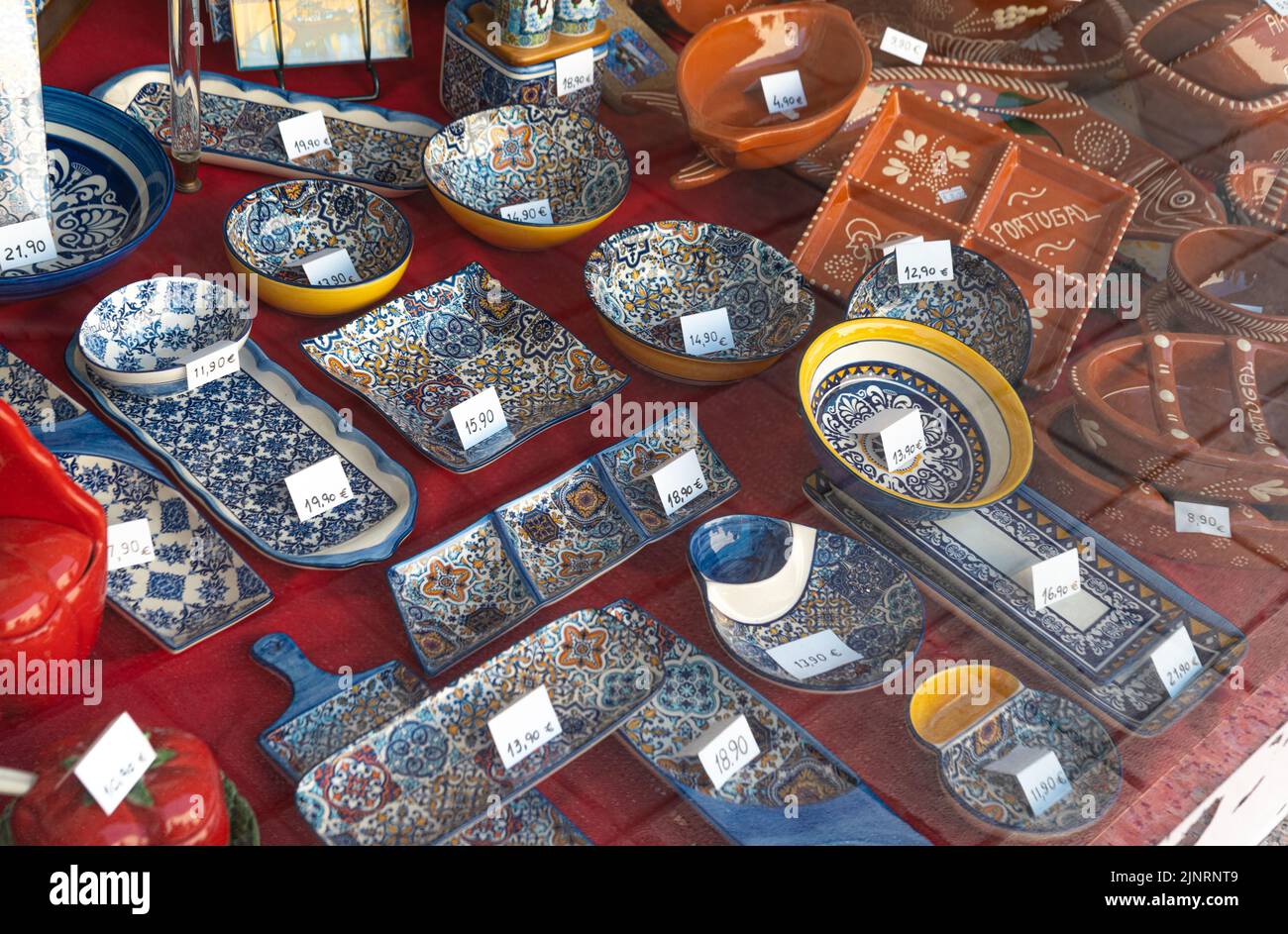Souvenirs Background with colorful Portuguese blue ceramics Stock Photo ...