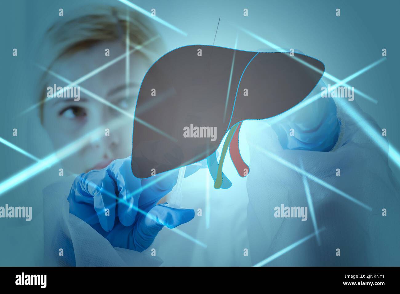 The doctor looks at the Liver hologram, checks the test result on the ...