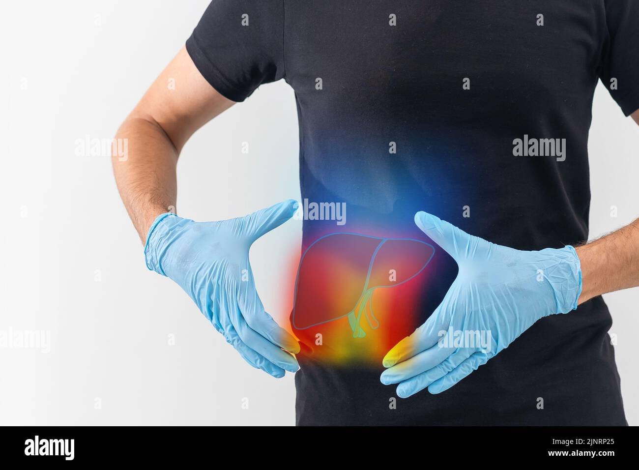 The photo of large intestine is on the man's body against gray ...