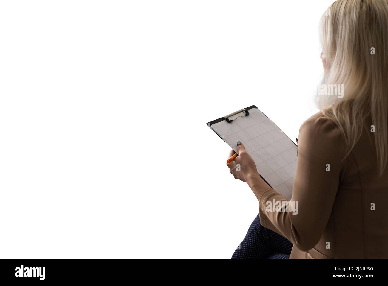 therapist taking notes on white background Stock Photo - Alamy