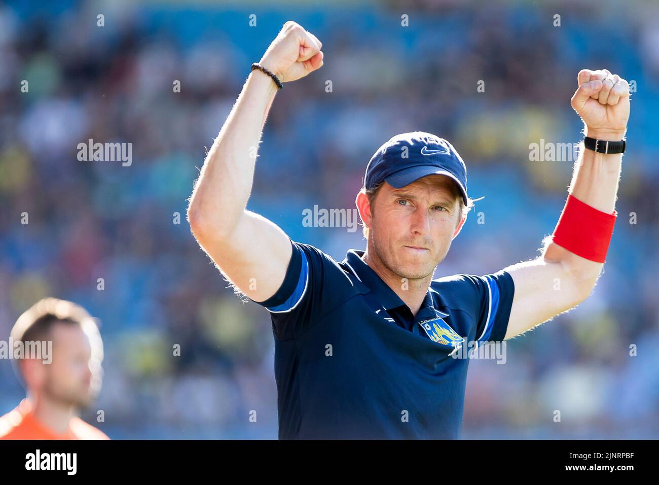 Westerlo's head coach Jonas De Roeck celebrates during a soccer match ...