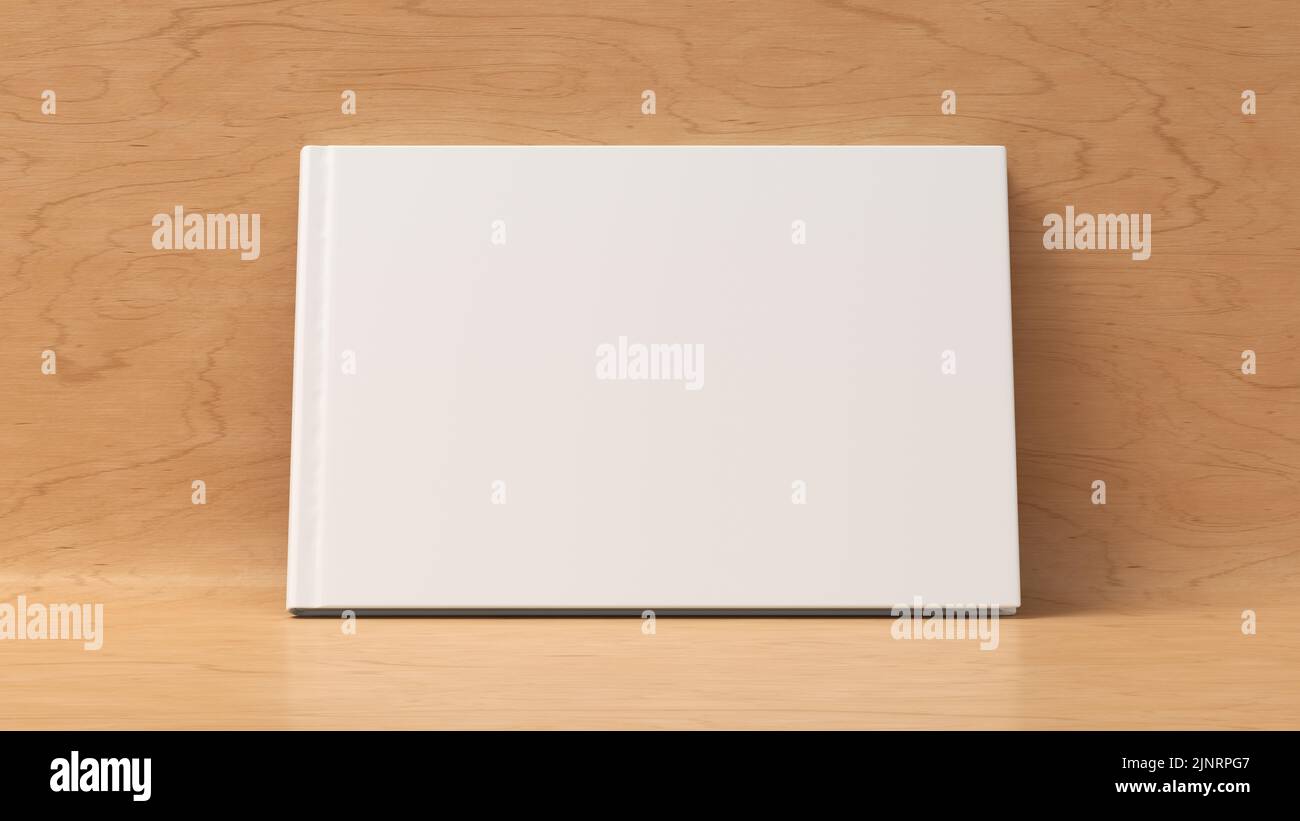 Blank horizontal hardcover book cover mockup standing on wooden ...