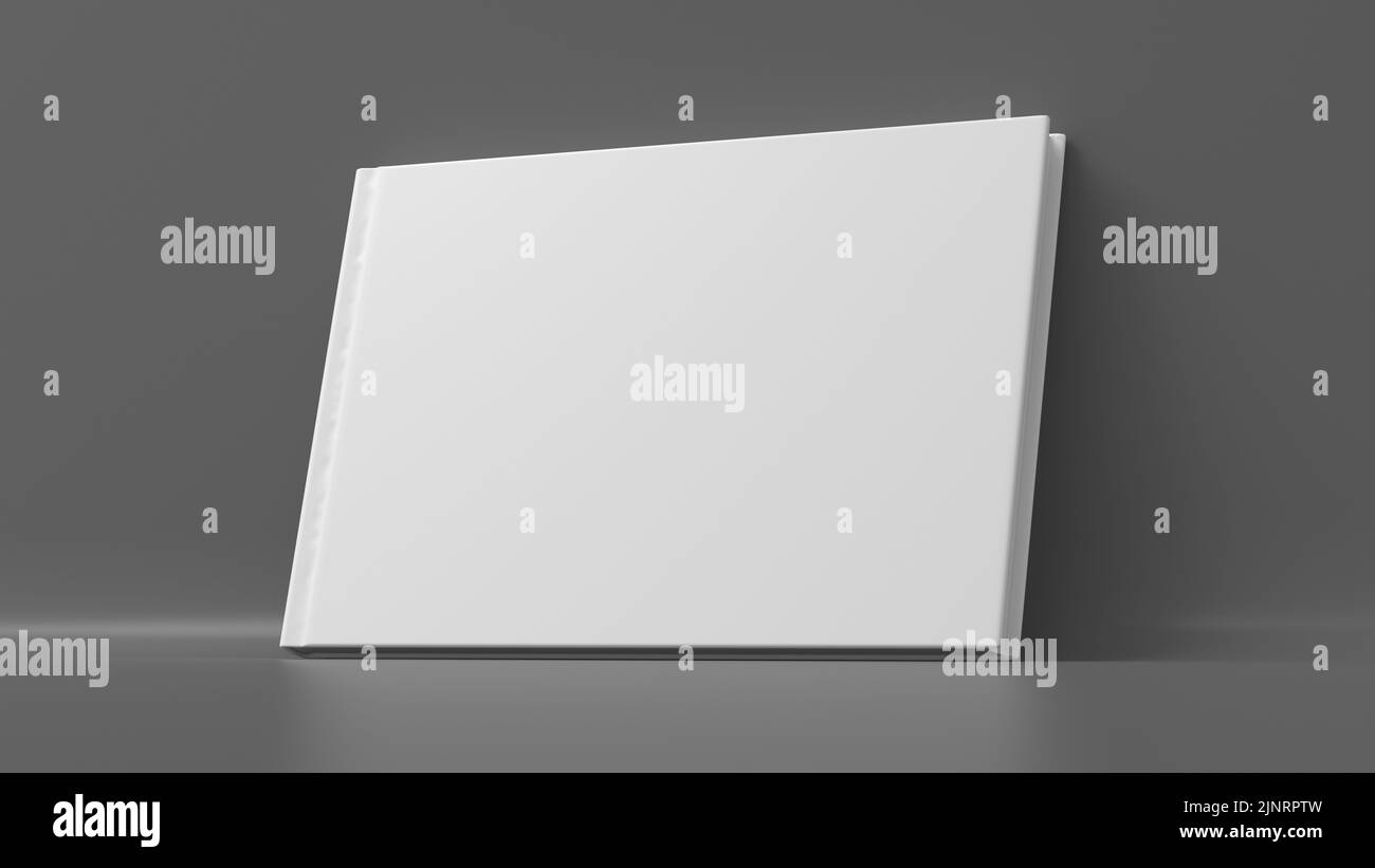 Blank horizontal hardcover book cover mockup standing on gray ...
