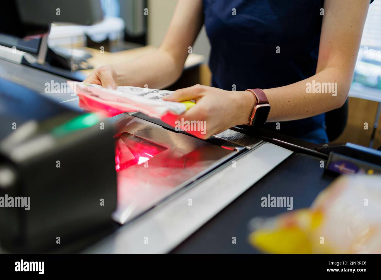 Radevormwald, Deutschland. 08th June, 2022. Cashier in the supermarket ...