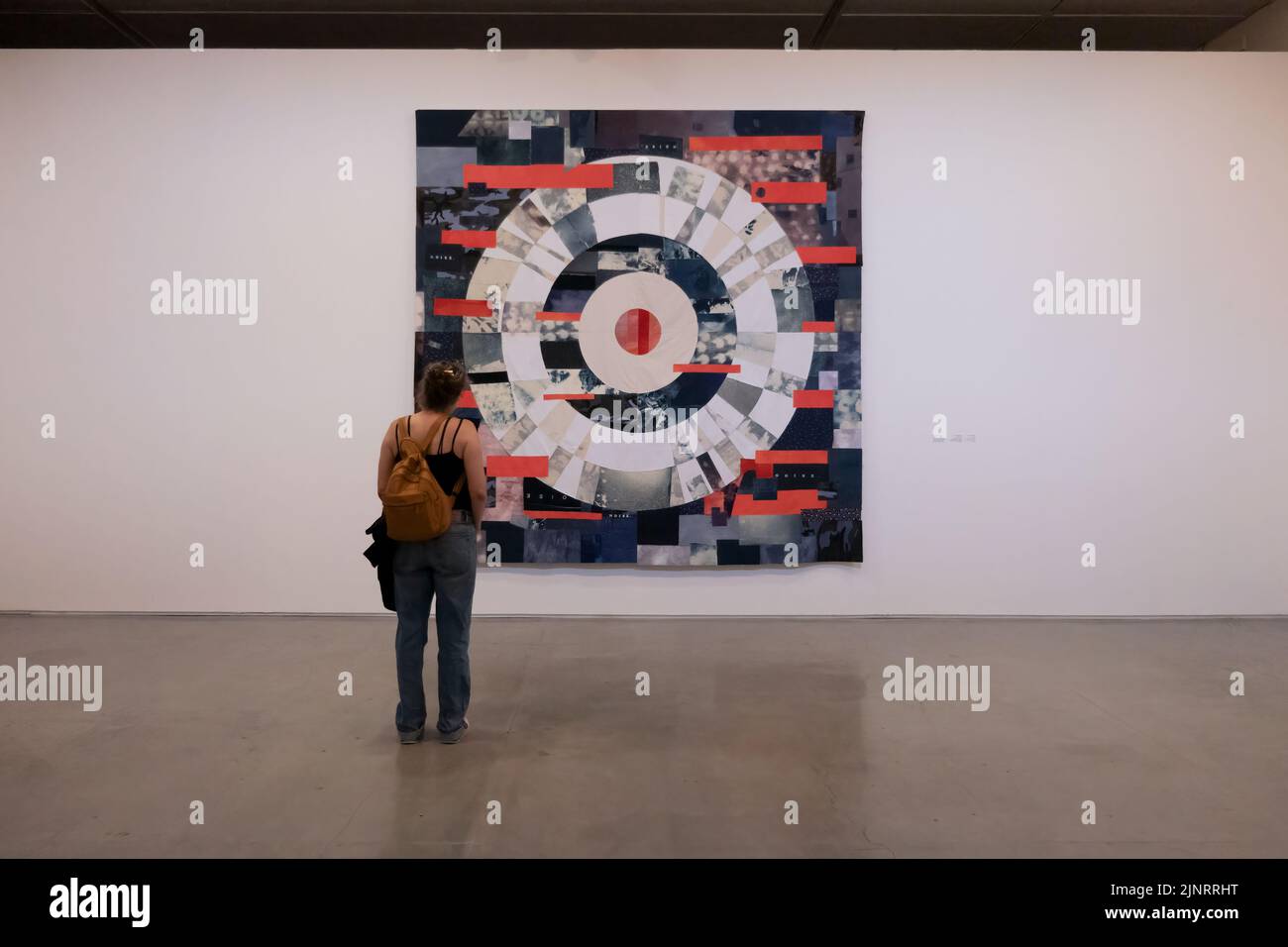 A visitor views a mixed fabrics artwork by multidisciplinary American ...