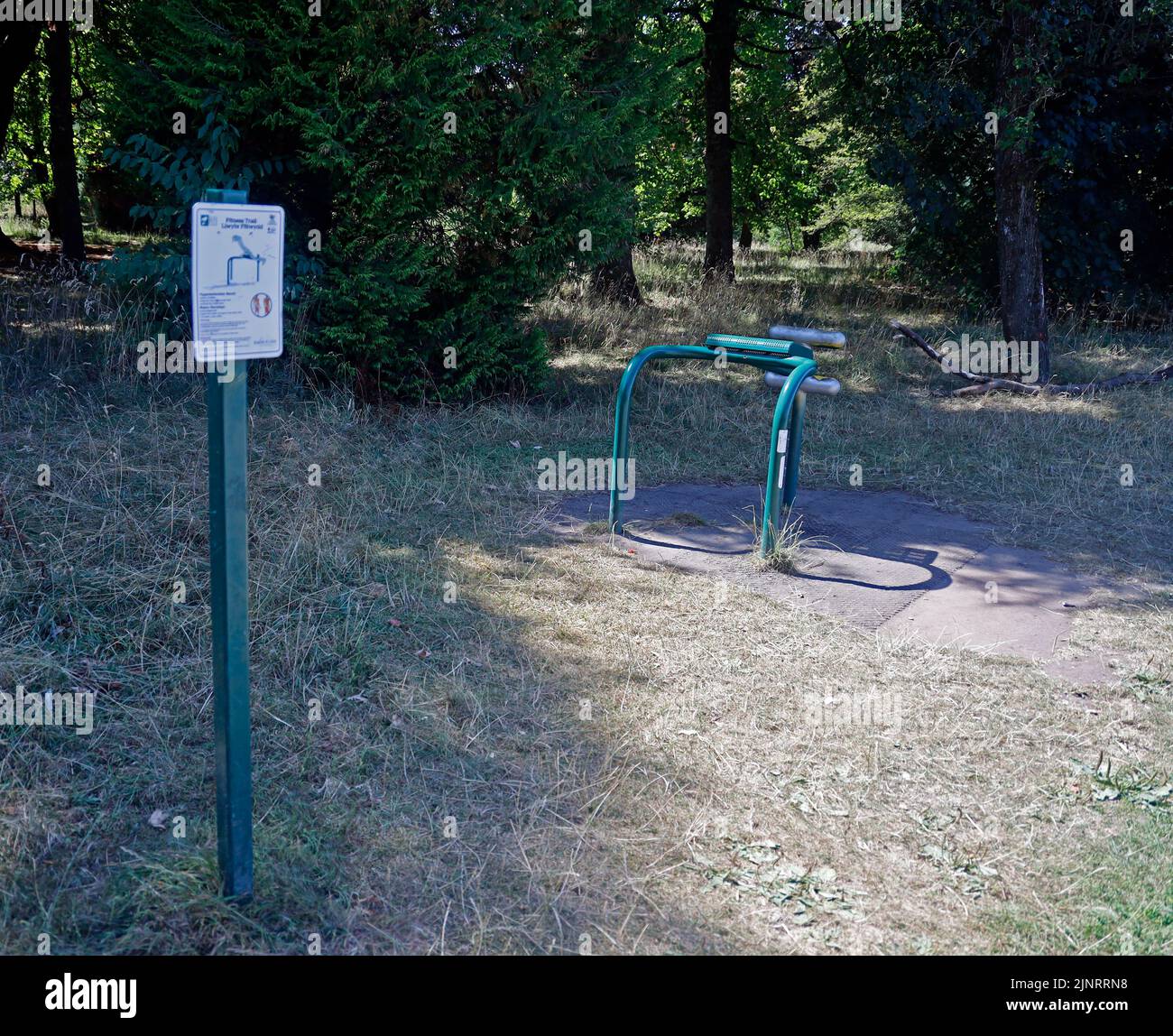 Public exercise equipment, Bute Park, Cardiff, South Wales, UK. Summer ...