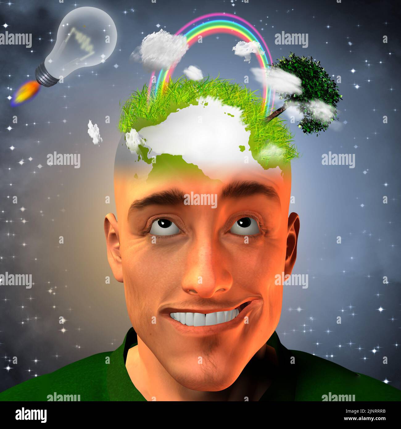 Man with landscape on his head and idea rocket. 3D rendering Stock ...