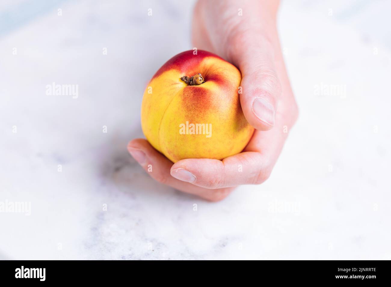 Hand holding a half of Apricot on White Marble Background Stock Photo ...