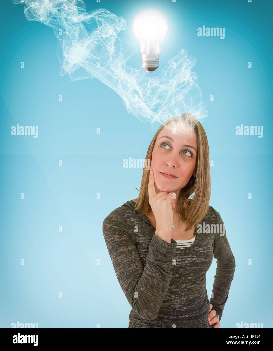 Thinking woman and light bulb above. 3D rendering Stock Photo - Alamy
