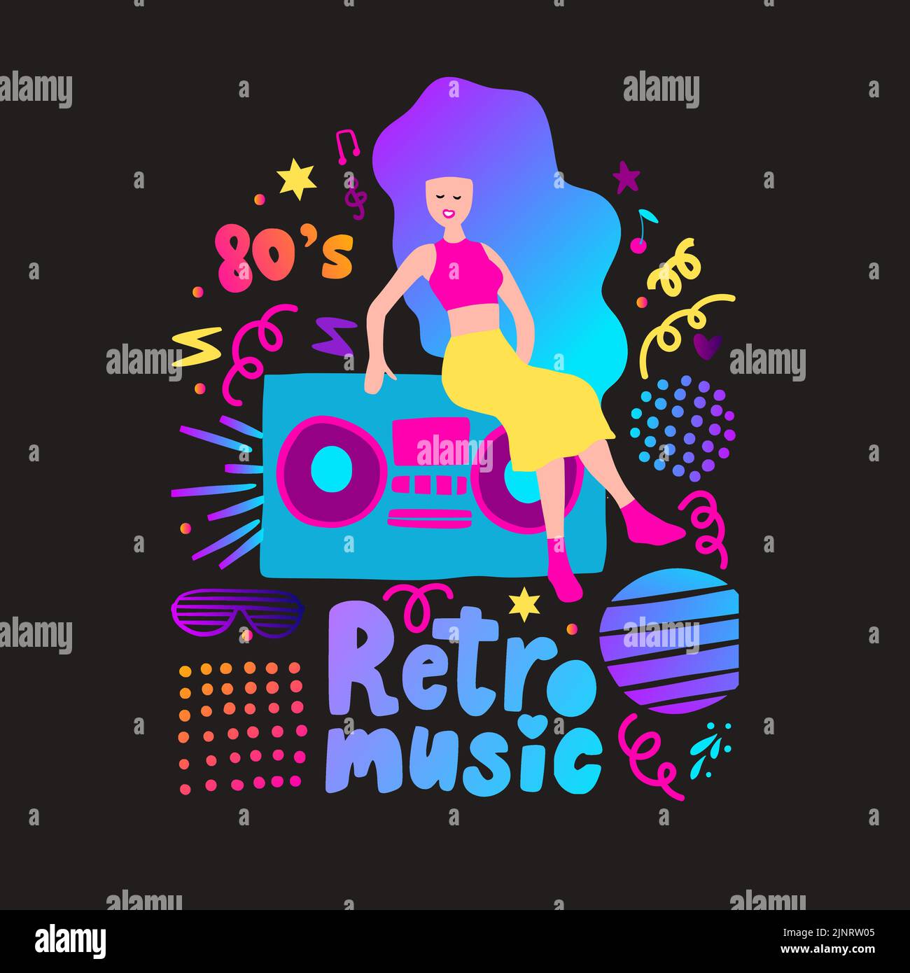 Disco party 70s 80s. Woman boombox dance retro night party poster ...