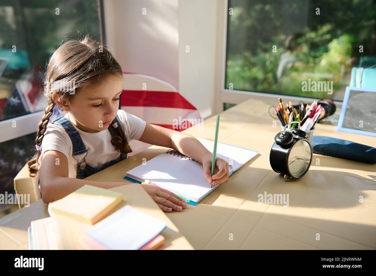 Charming schoolgirl, primary student, first grader focused on studying ...